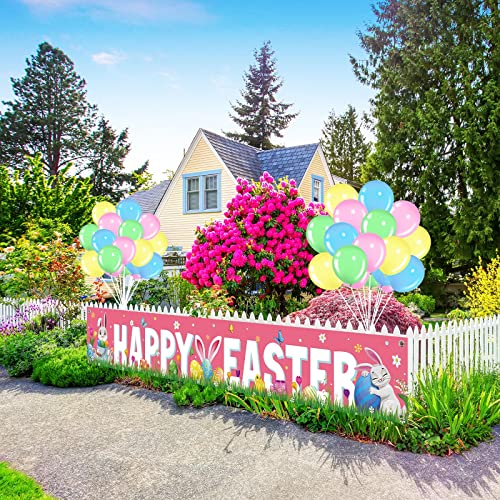 36 Pcs Happy Easter Banner and Balloons Decorations Set Large Fabric Happy Easter Yard Sign Banner Outdoor Spring Easter Themed Party Banner 35 Pcs Latex Balloons for Home Party Decoration 18 x 118 ft