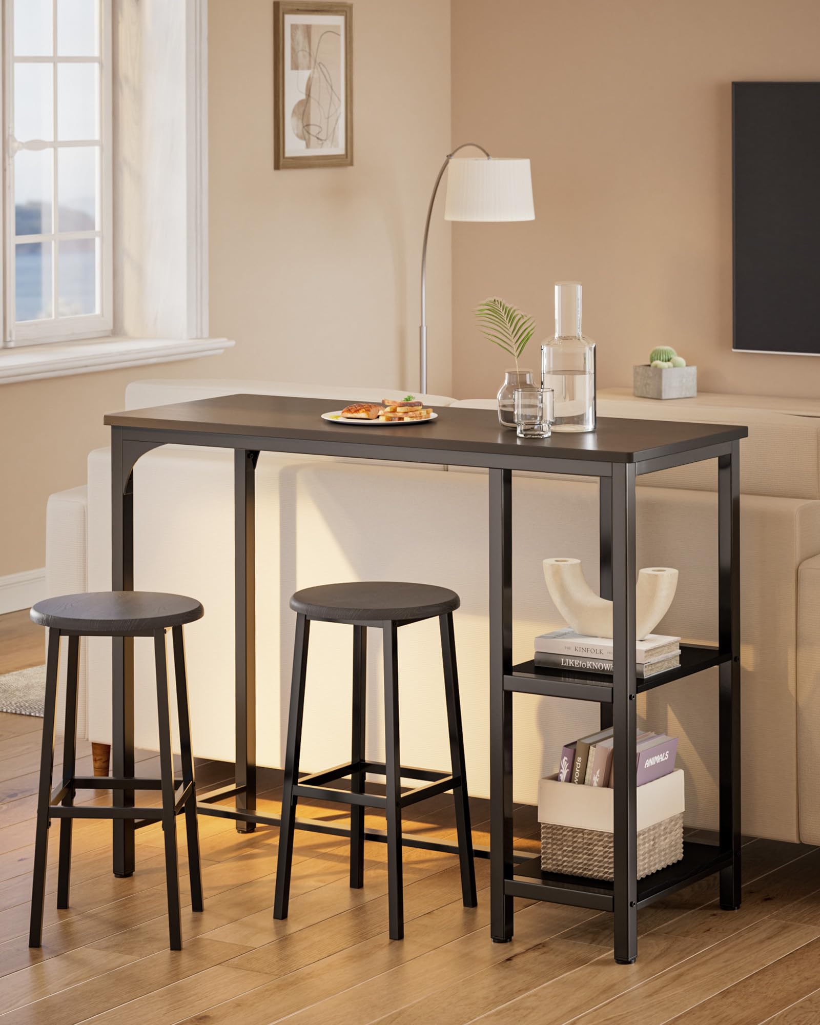 Qsun Small Bar Table Set for 2, Bar Table with Stools, Kitchen Table for 2 with 2 Storage Shelves & Wine Glass Holder, Small Dining Table for Small Apartment, Dining Room, Black