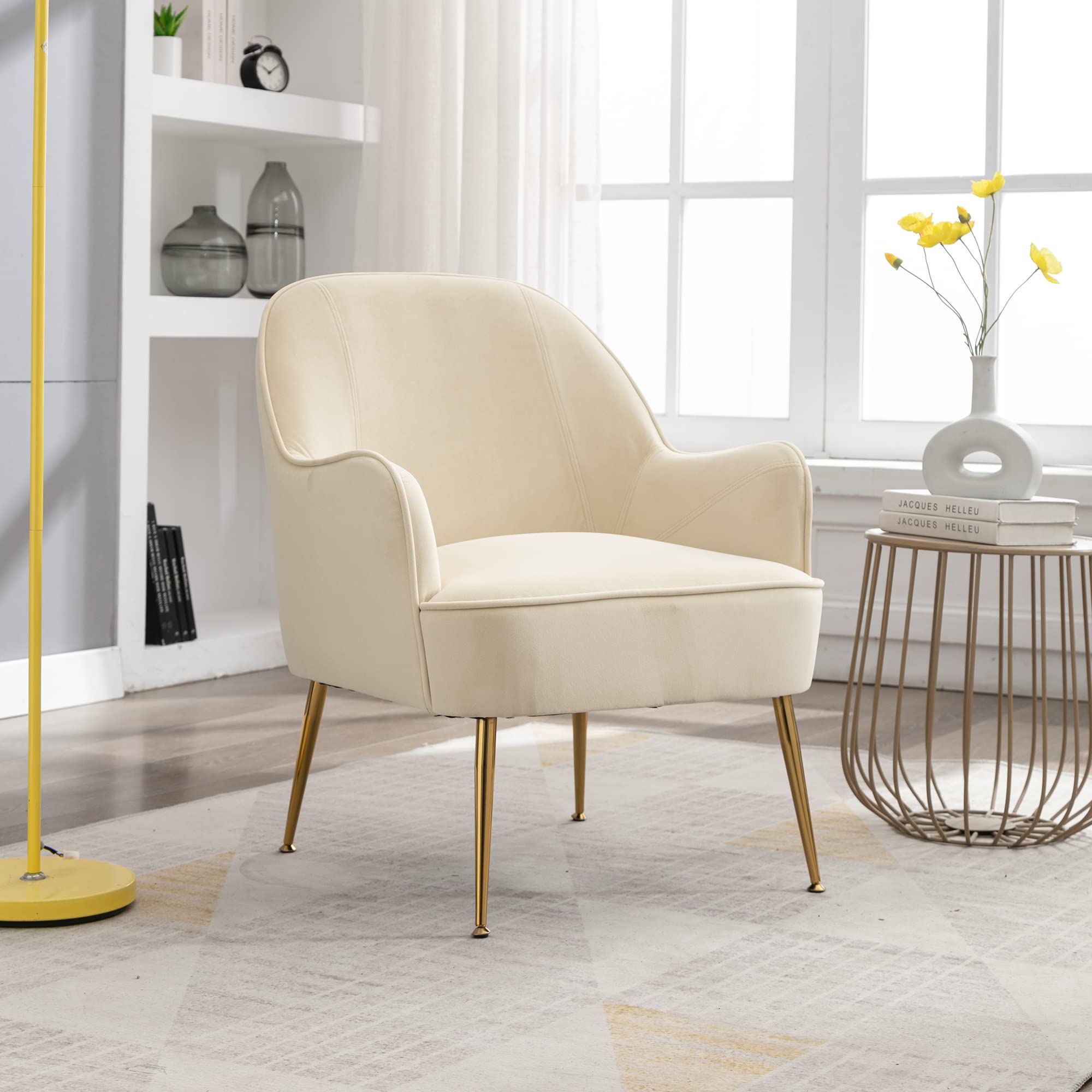 Bellemave Velvet Accent Chair,Modern Upholstered Leisure Arm Chair with Gold Metal Legs,Thickly Padded,Guest Chair Vanity Chair Club Chairs for Living Room Bedroom Office(Cream White), W52752188
