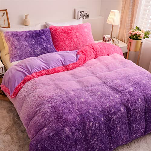 Holawakaka Pink Purple Ombre Stars Shaggy Fuzzy Duvet Cover Set Queen Size Faux Fur Bedding Sets (Pink Purple, Queen)