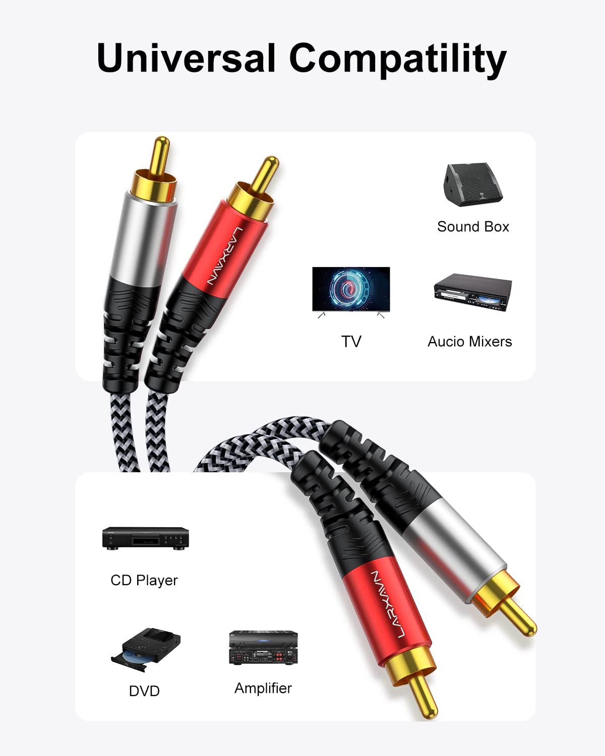 Larxavn RCA Cables, Hi-Fi Sound, Nylon Braided, Shielded RCA Audio Cable for Home Theater, HDTV, Amplifiers, Speakers- 5 Feet