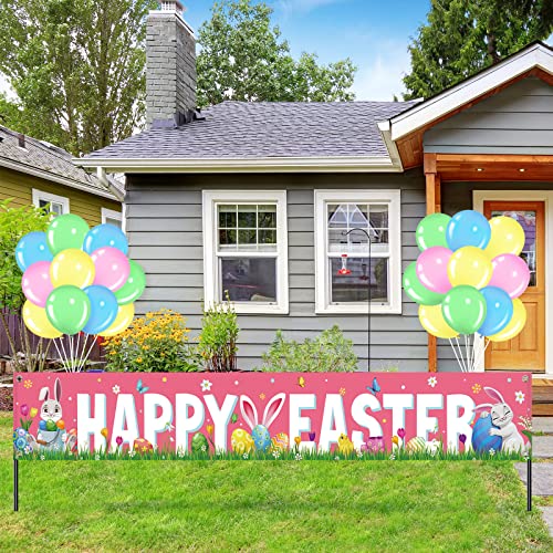 36 Pcs Happy Easter Banner and Balloons Decorations Set Large Fabric Happy Easter Yard Sign Banner Outdoor Spring Easter Themed Party Banner 35 Pcs Latex Balloons for Home Party Decoration 18 x 118 ft