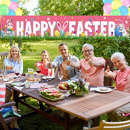36 Pcs Happy Easter Banner and Balloons Decorations Set Large Fabric Happy Easter Yard Sign Banner Outdoor Spring Easter Themed Party Banner 35 Pcs Latex Balloons for Home Party Decoration 18 x 118 ft