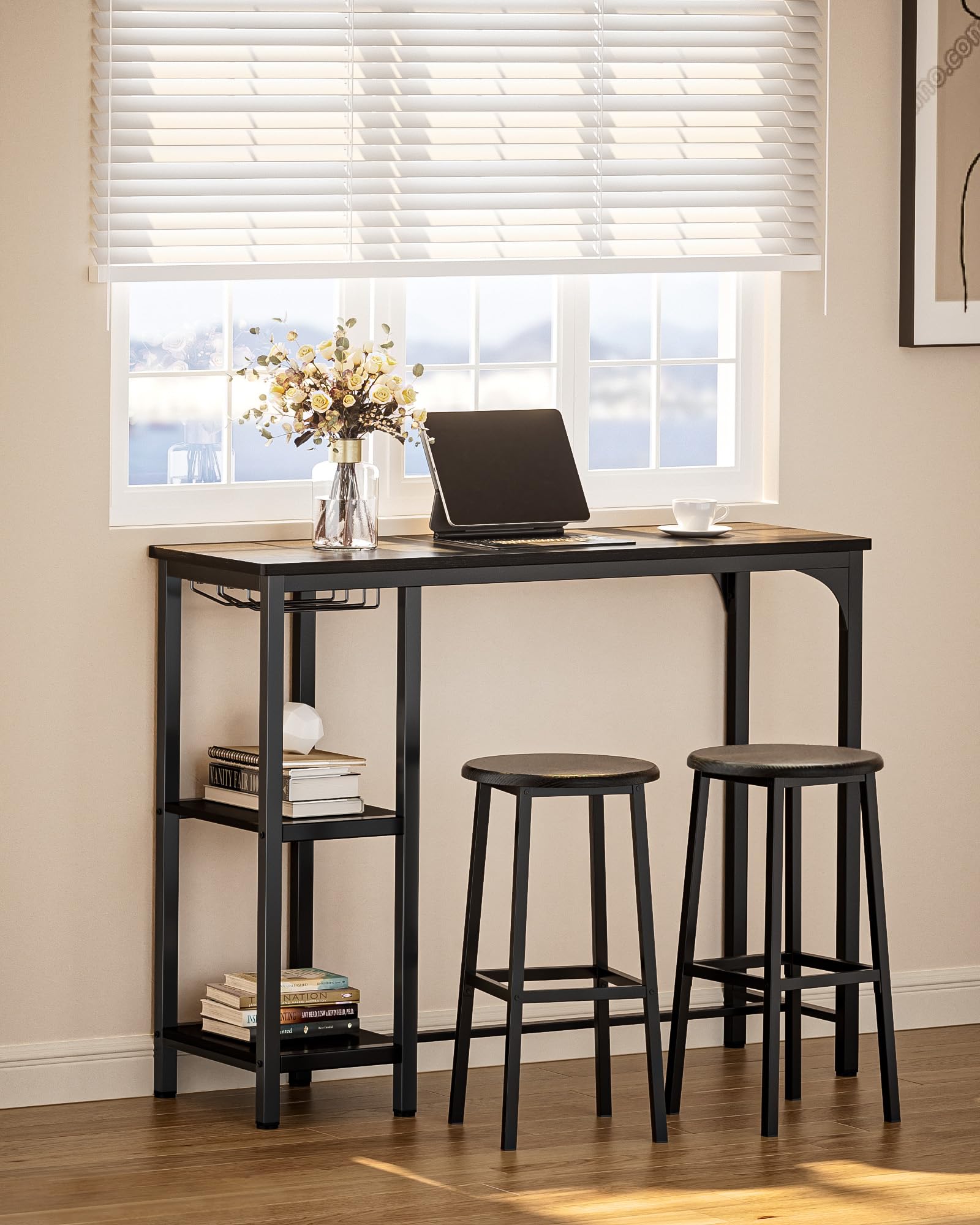 Qsun Small Bar Table Set for 2, Bar Table with Stools, Kitchen Table for 2 with 2 Storage Shelves & Wine Glass Holder, Small Dining Table for Small Apartment, Dining Room, Black