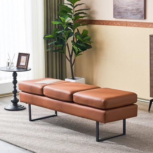 OmySalon Waiting Room Bench for Salon, 59.5'' Reception Bench Office Chair Seating, Faux Leather Guest Lobby Furniture Conference Room Chair for Beauty Barber Barbershop, Cognac