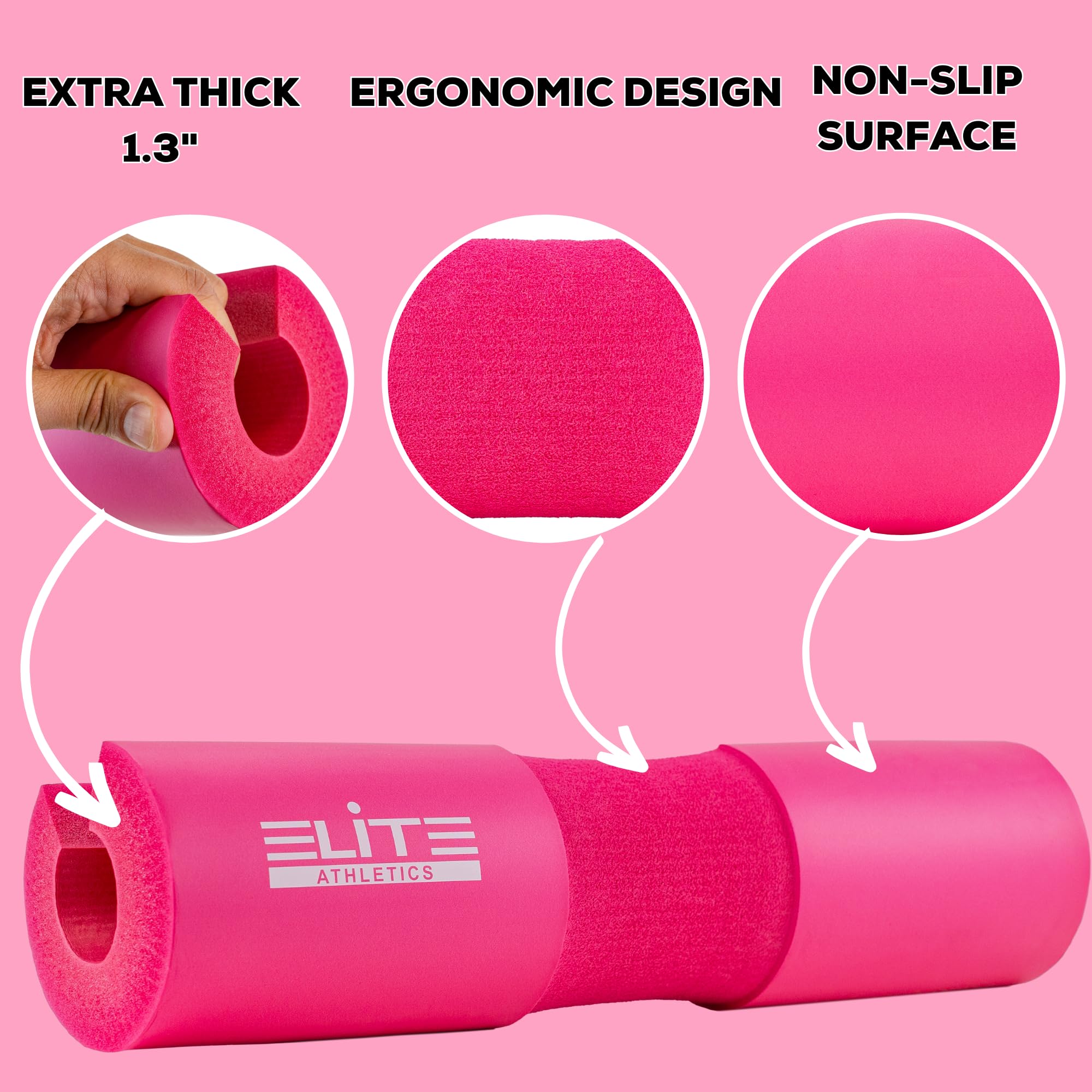 Elite Athletics Barbell Squat Pad for Women & Pair of Gym Ankle Straps for Cable Machines with Secure Straps & Carry Bag - Pink Hip Thrust Foam Squat Bar - Thick Foam Cushion