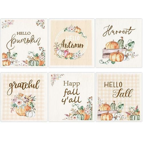 6pc Fall Pumpkins Swedish Dishcloths Thanksgivings Kitchen Dish Towels Happy Harvest Kitchen Towels Fall Leaves Pumpkin Hand Towels Give Thanks Kitchen Supplies Pumpkin Floral Bathroom Decorations