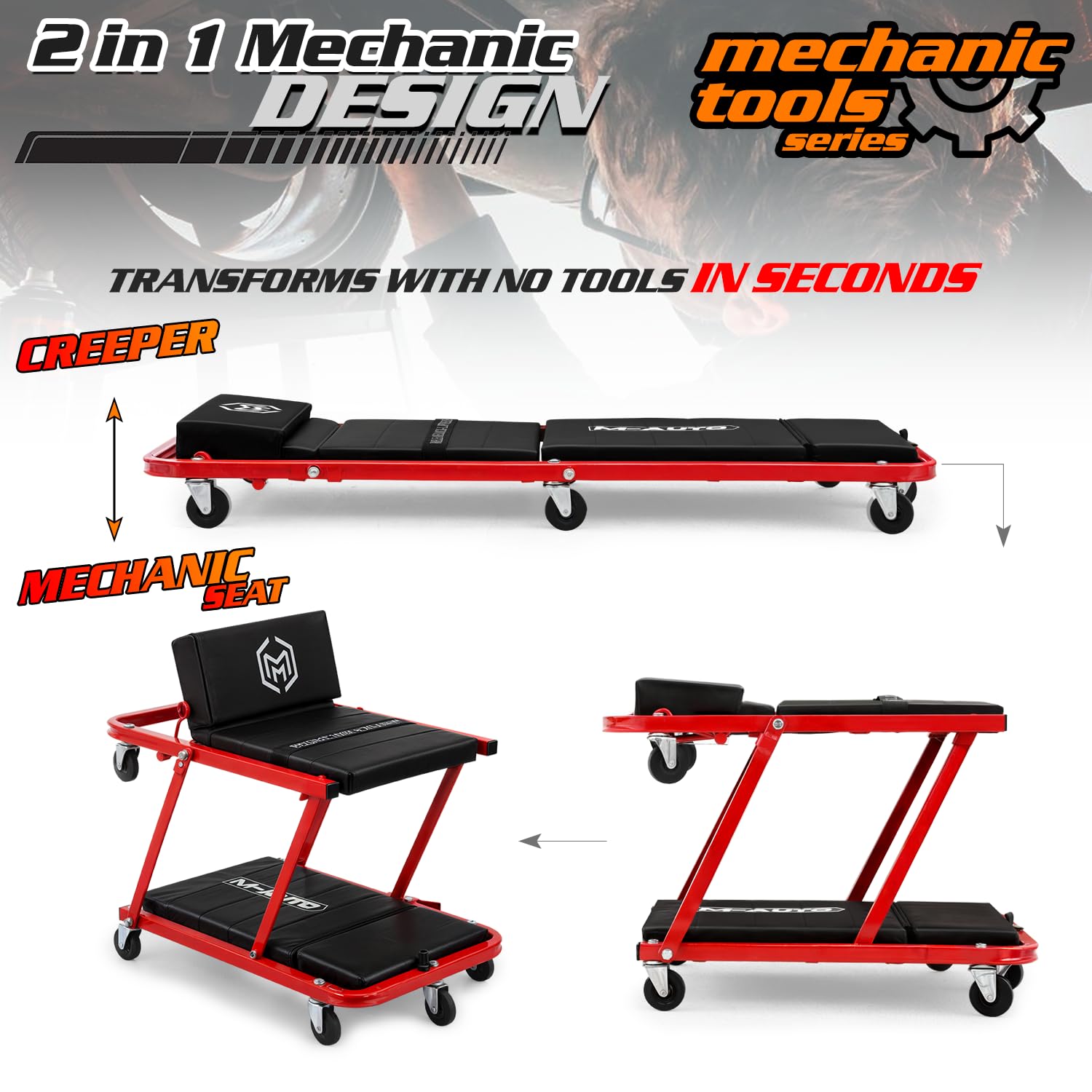 M-AUTO Heavy-Duty Convertible Mechanic Creeper, Z-Creeper 2-in-1 Creeper and Seat 48" Padded Adjustable Headrest Roller Garage Chair with 7 Swivel Casters for Washing, Detailing, Maintenance, Red