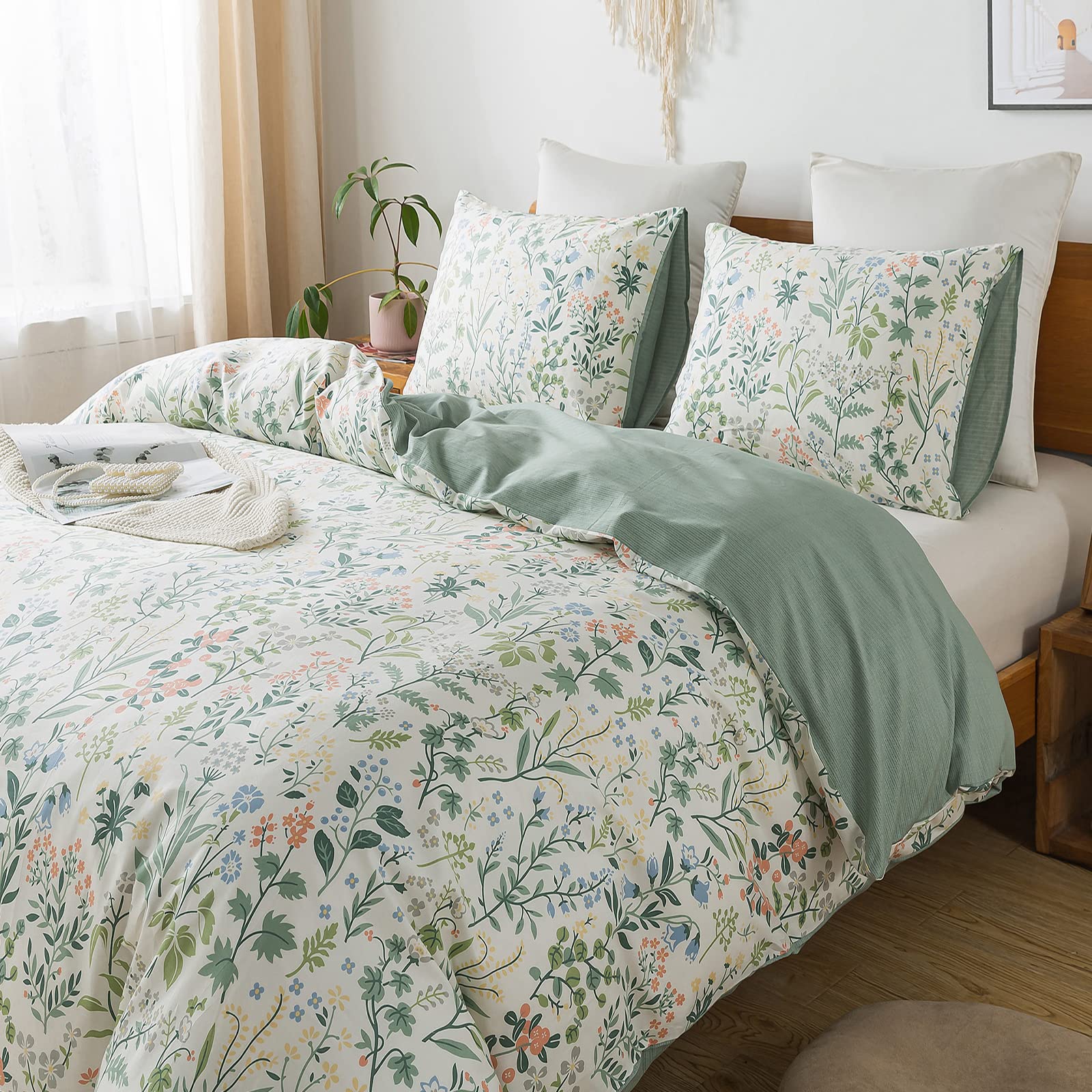 Travan Garden Style Floral Duvet Cover 100% Cotton Duvet Covers Ultra Soft Green Floral Bedding Sets with Zipper Closure, (3pcs, King Size)