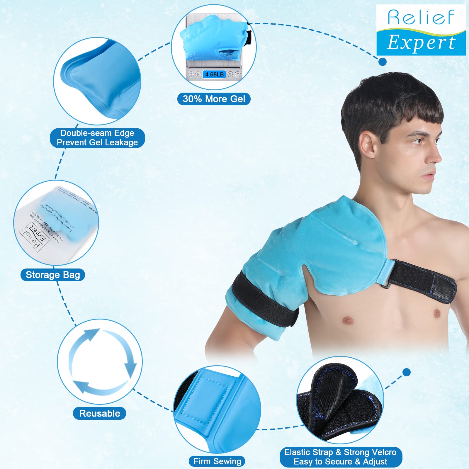 Relief Expert Extra Large Shoulder Ice Pack Wrap Reusable Rotator Cuff Cold Compression for Left or Right Shoulder and Upper Arm, Large Gel Cold Pack Wrap for Arm with Soft Plush Lining - Blue