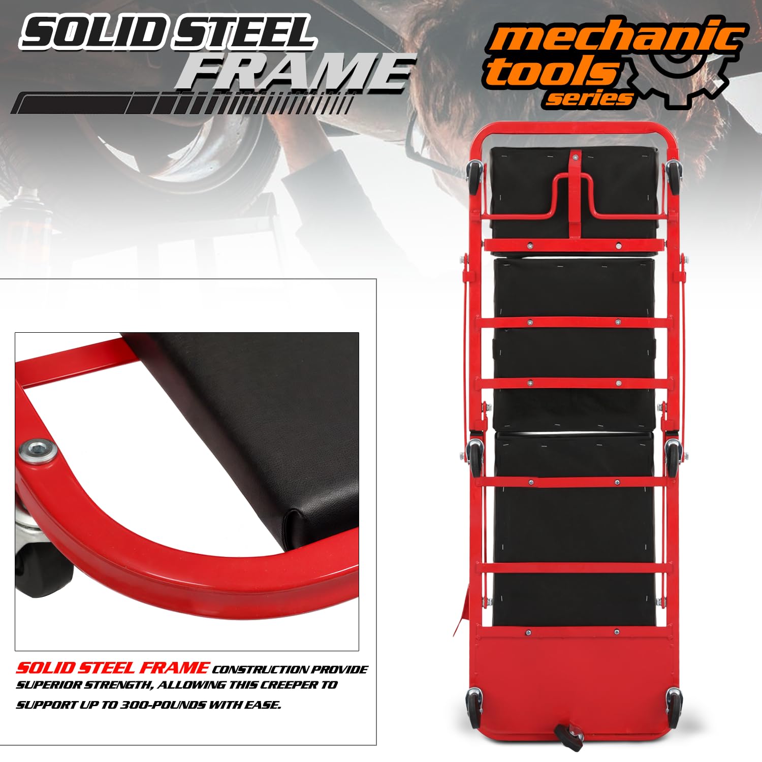 M-AUTO Heavy-Duty Convertible Mechanic Creeper, Z-Creeper 2-in-1 Creeper and Seat 48" Padded Adjustable Headrest Roller Garage Chair with 7 Swivel Casters for Washing, Detailing, Maintenance, Red