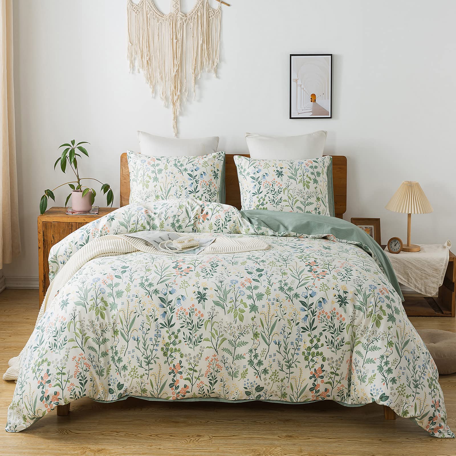 Travan Garden Style Floral Duvet Cover 100% Cotton Duvet Covers Ultra Soft Green Floral Bedding Sets with Zipper Closure, (3pcs, King Size)
