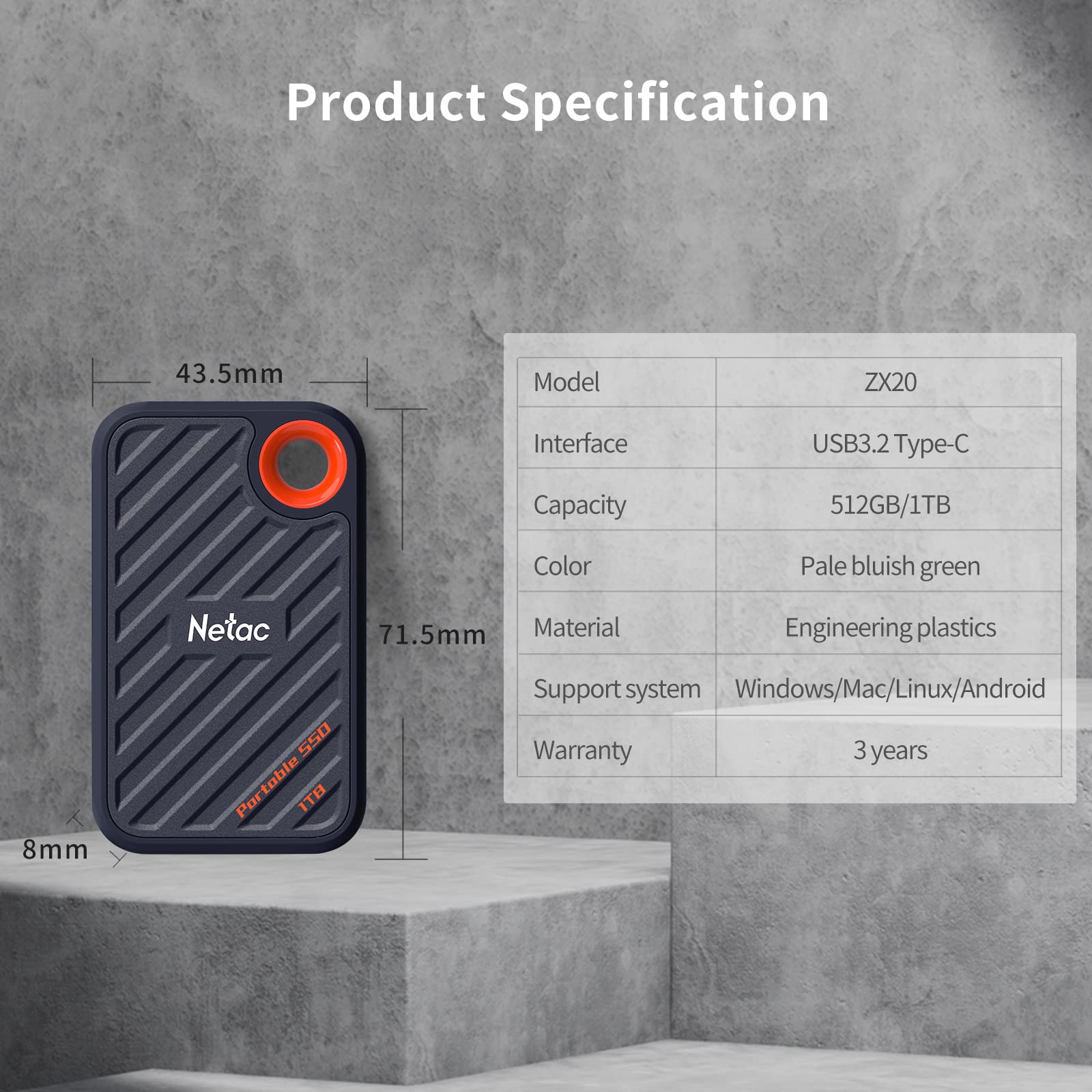 Netac 1TB Extreme Portable NVMe SSD Up to 2000MB/s Read 1700MB/s Write Speed USB 3.2 Gen.2 Business Travel Drive Essential External Solid State Drives Supports Win to Go, ZX20
