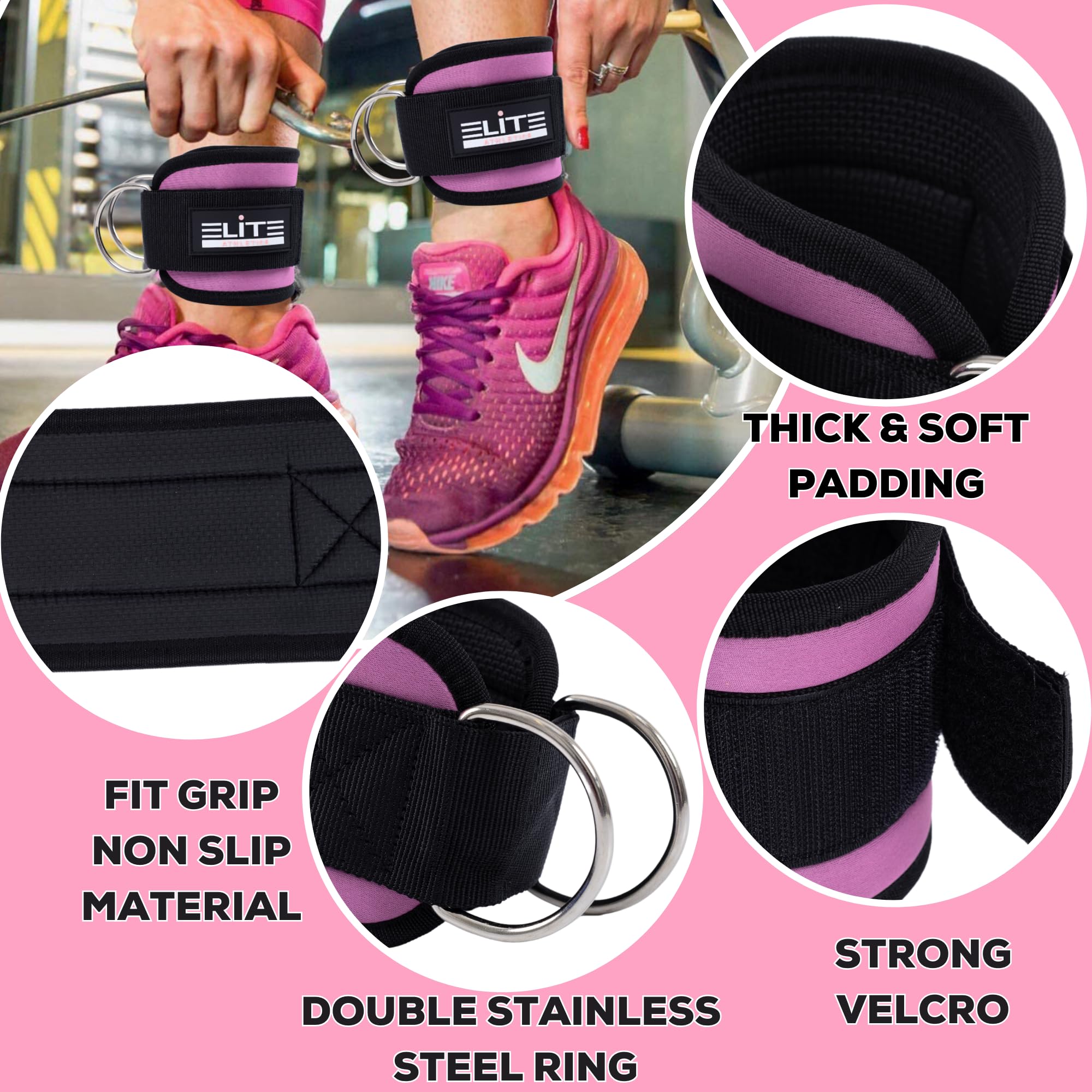 Elite Athletics Barbell Squat Pad for Women & Pair of Gym Ankle Straps for Cable Machines with Secure Straps & Carry Bag - Pink Hip Thrust Foam Squat Bar - Thick Foam Cushion