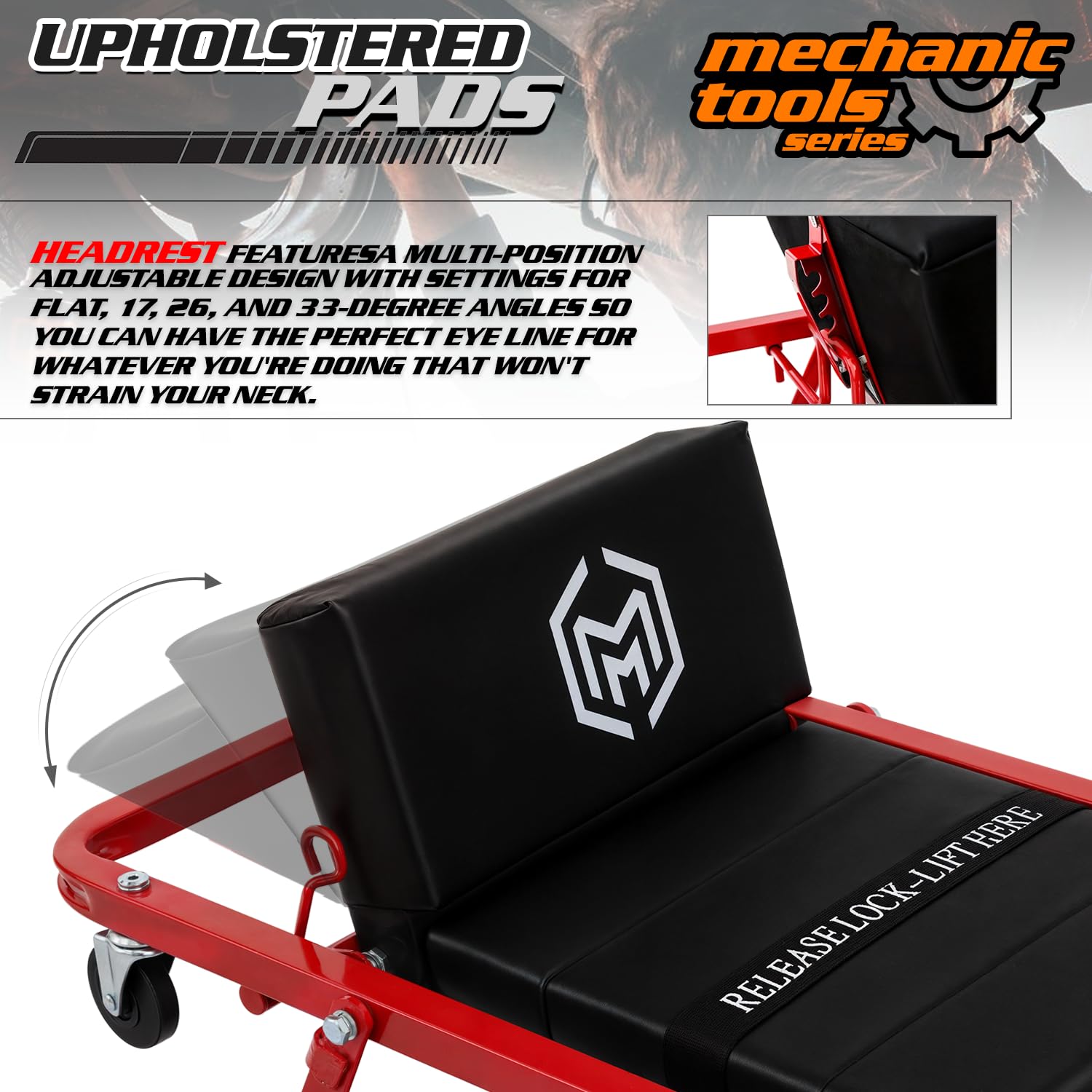 M-AUTO Heavy-Duty Convertible Mechanic Creeper, Z-Creeper 2-in-1 Creeper and Seat 48" Padded Adjustable Headrest Roller Garage Chair with 7 Swivel Casters for Washing, Detailing, Maintenance, Red