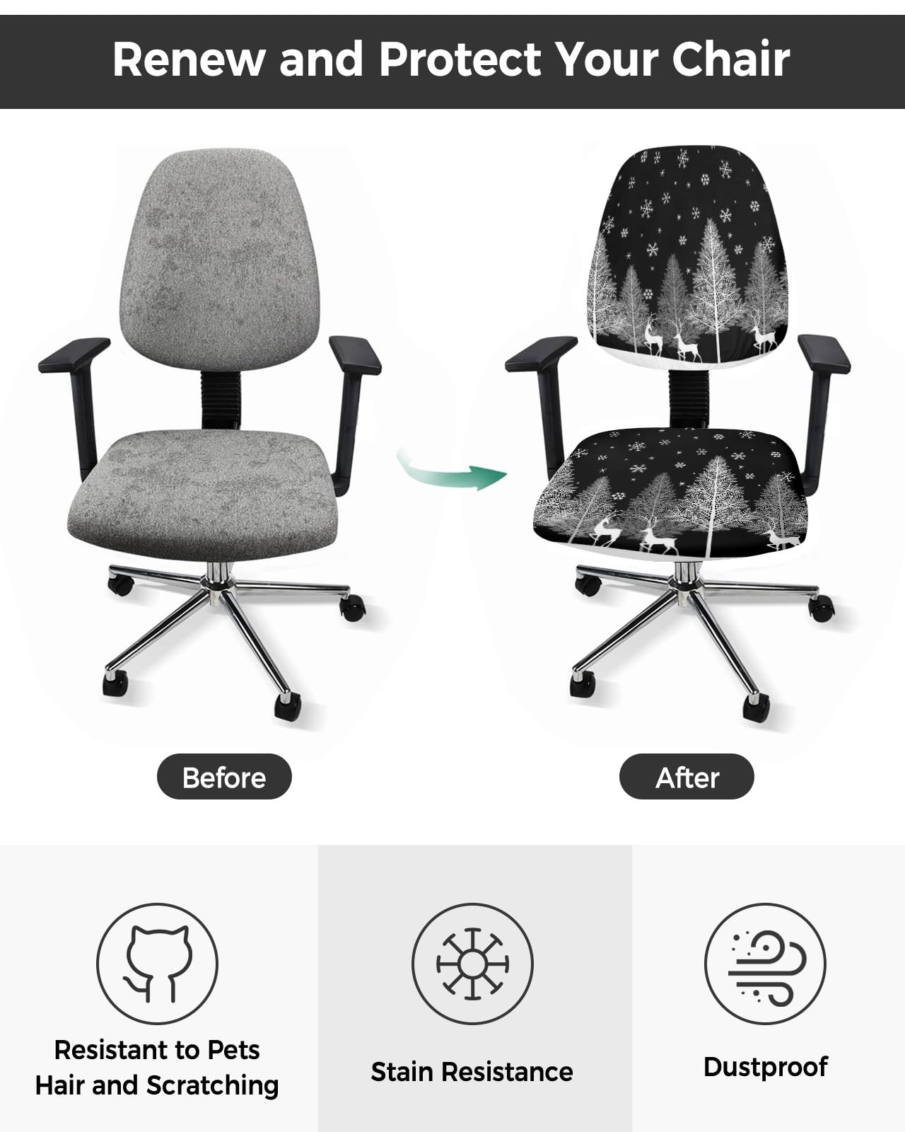 Snowflake Elk Office Chair Cover Stretchable Computer Chair Seat Cover Backrest Slipcovers, Stretchable Rotating Desk Chair Seat Cushion Split Protectors Geometric Christmas Tree Branch Black