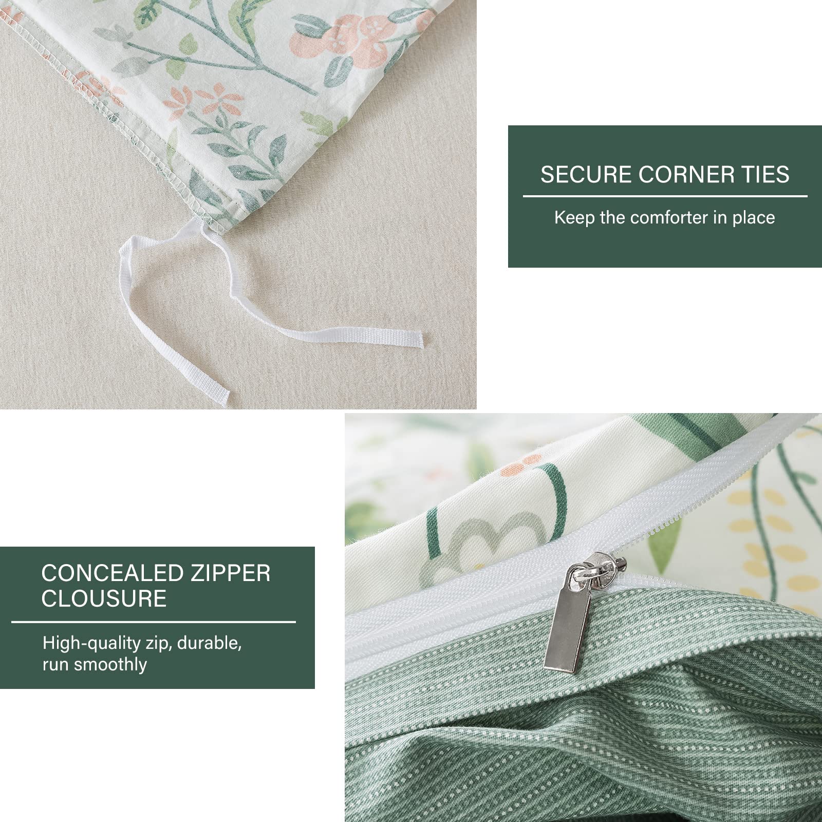 Travan Garden Style Floral Duvet Cover 100% Cotton Duvet Covers Ultra Soft Green Floral Bedding Sets with Zipper Closure, (3pcs, King Size)
