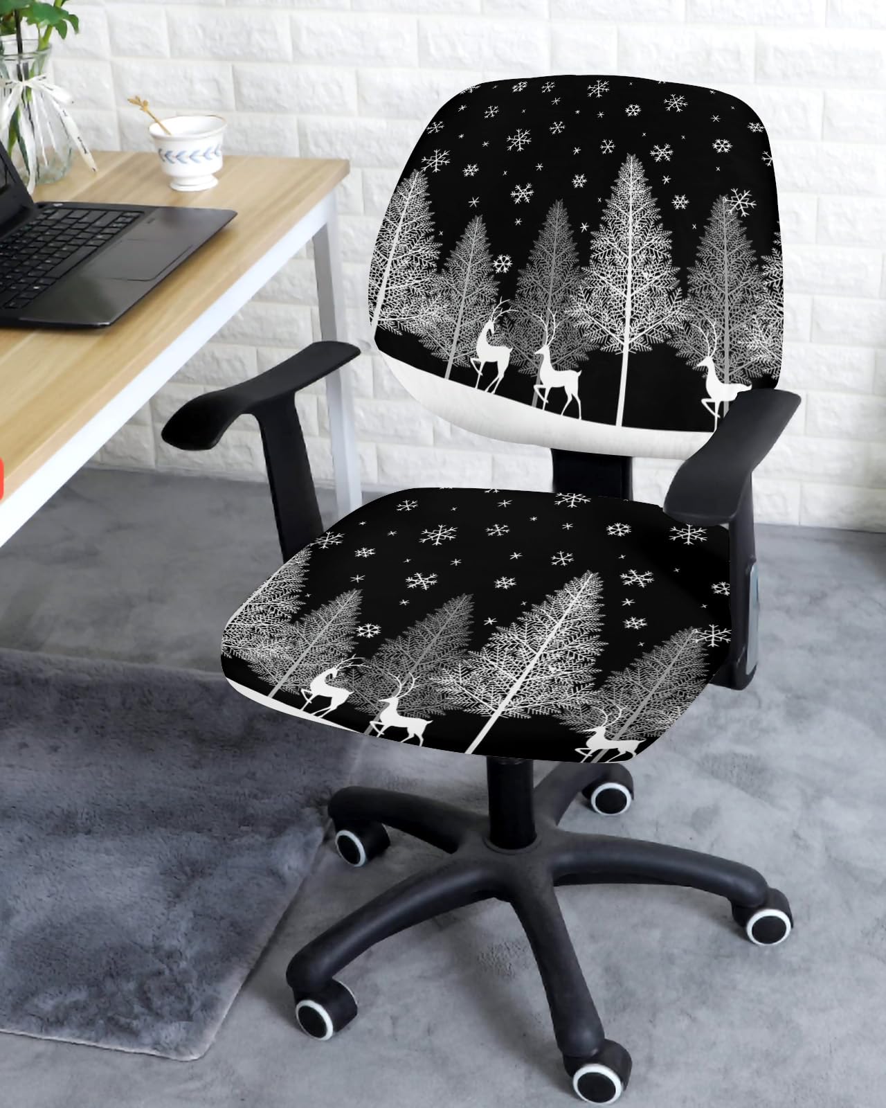 Snowflake Elk Office Chair Cover Stretchable Computer Chair Seat Cover Backrest Slipcovers, Stretchable Rotating Desk Chair Seat Cushion Split Protectors Geometric Christmas Tree Branch Black