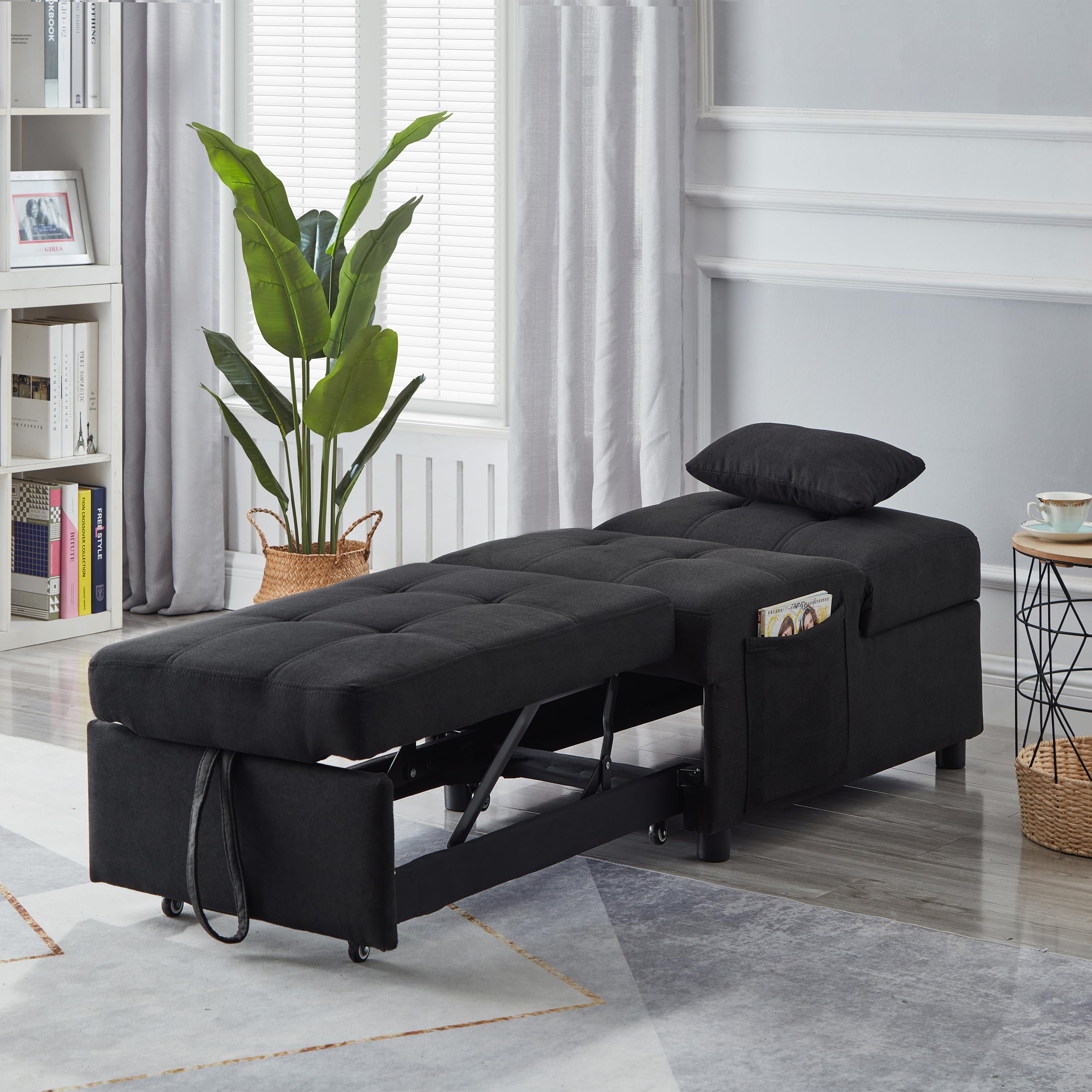 Pull Out Sleeper Chair Ottoman Bed Comfy Convertible Chair Bed Linen Fabric Futon with Storage Pocket Single Sofa Bed Small Recliners for Small Spaces Living Room Bedroom Apartment, Black