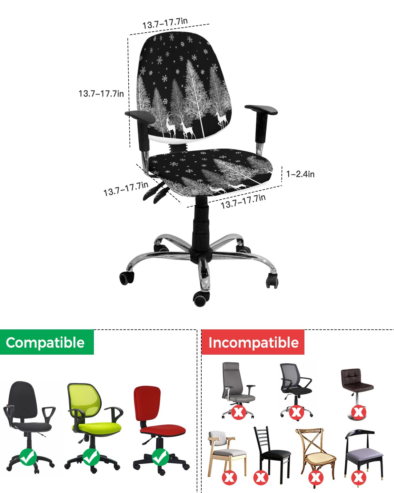Snowflake Elk Office Chair Cover Stretchable Computer Chair Seat Cover Backrest Slipcovers, Stretchable Rotating Desk Chair Seat Cushion Split Protectors Geometric Christmas Tree Branch Black
