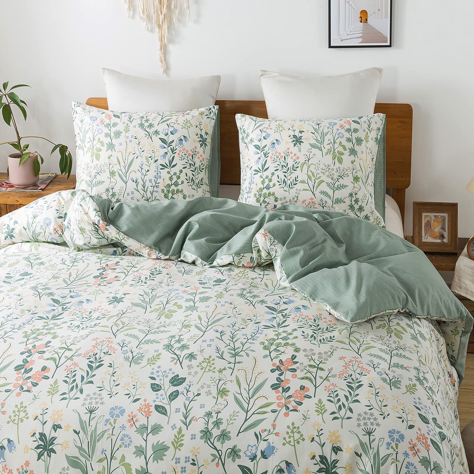 Travan Garden Style Floral Duvet Cover 100% Cotton Duvet Covers Ultra Soft Green Floral Bedding Sets with Zipper Closure, (3pcs, King Size)