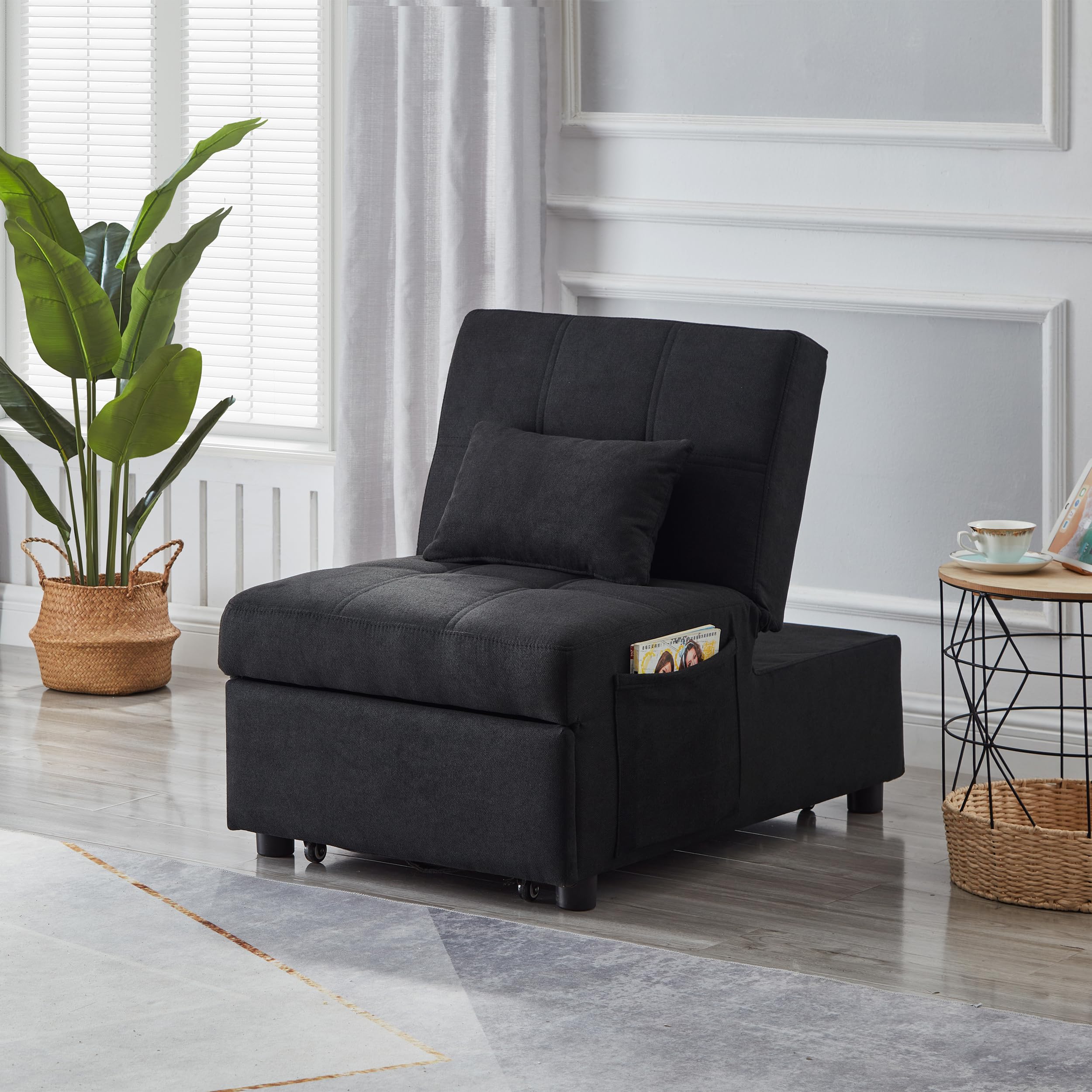 Pull Out Sleeper Chair Ottoman Bed Comfy Convertible Chair Bed Linen Fabric Futon with Storage Pocket Single Sofa Bed Small Recliners for Small Spaces Living Room Bedroom Apartment, Black