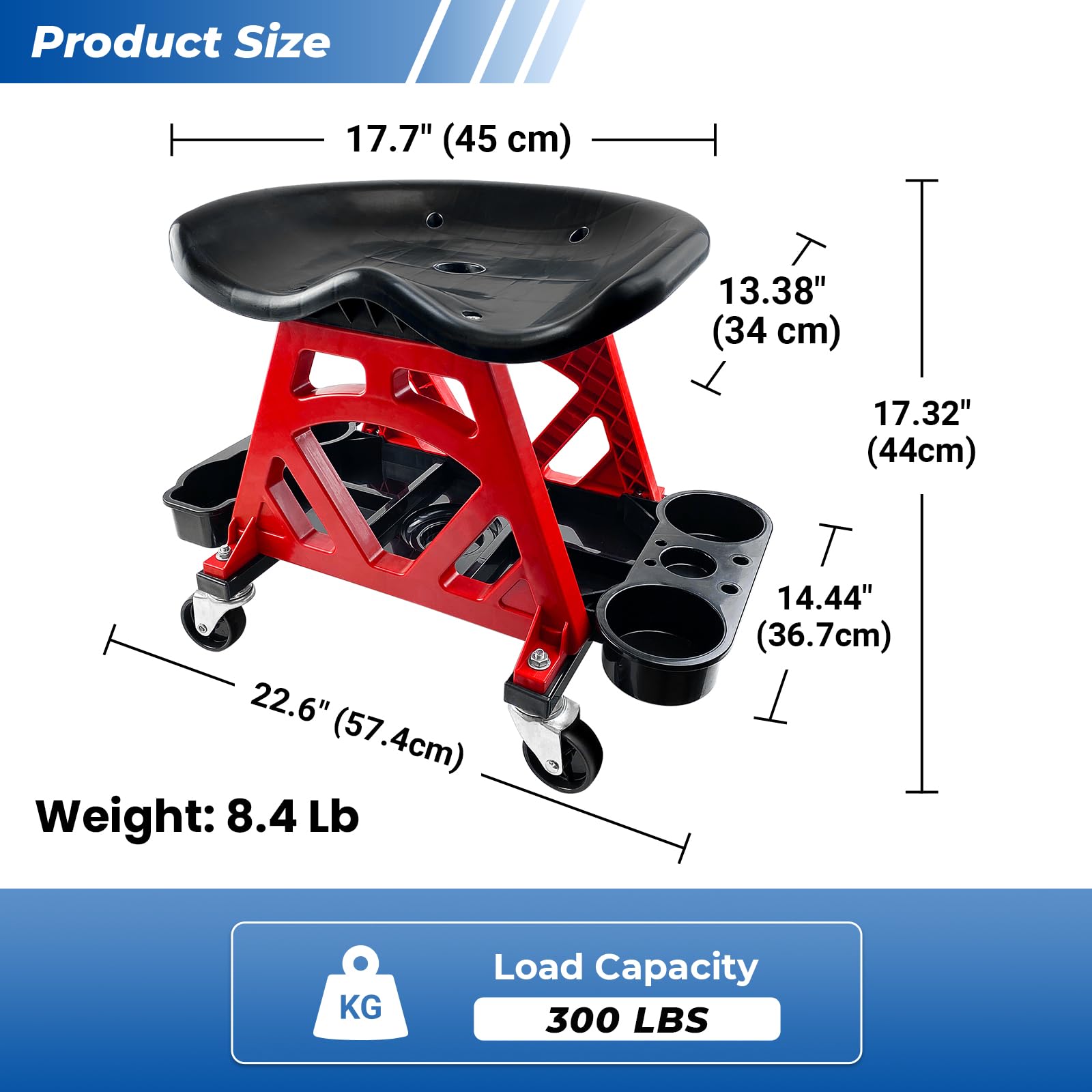 HOXWELL Durable Mechanic Stool Chair with Wheels, Heavy Duty Garage Shop Stool On Wheels, Rolling Stool Car Detailing Creeper Seat with Tool Tray for Workshop, Auto Repair Shop and Home