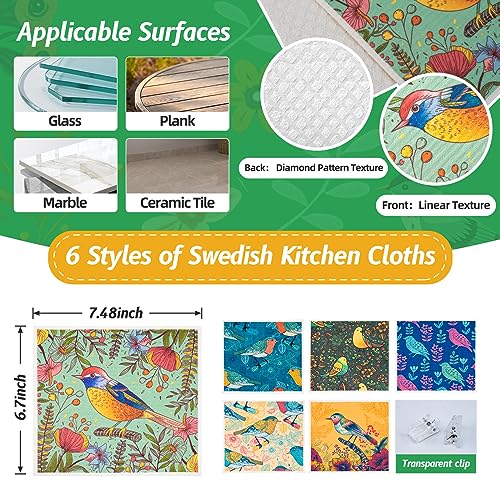 DecorWoo 6 Pack Swedish Dishcloths for Kitchen, Absorbent & Quick Drying Sponge Cleaning Cloths Set, Reusable Decorative Tea Towel, Biodegradable No Fading No Odor Bar Hand Towel (2 Clips