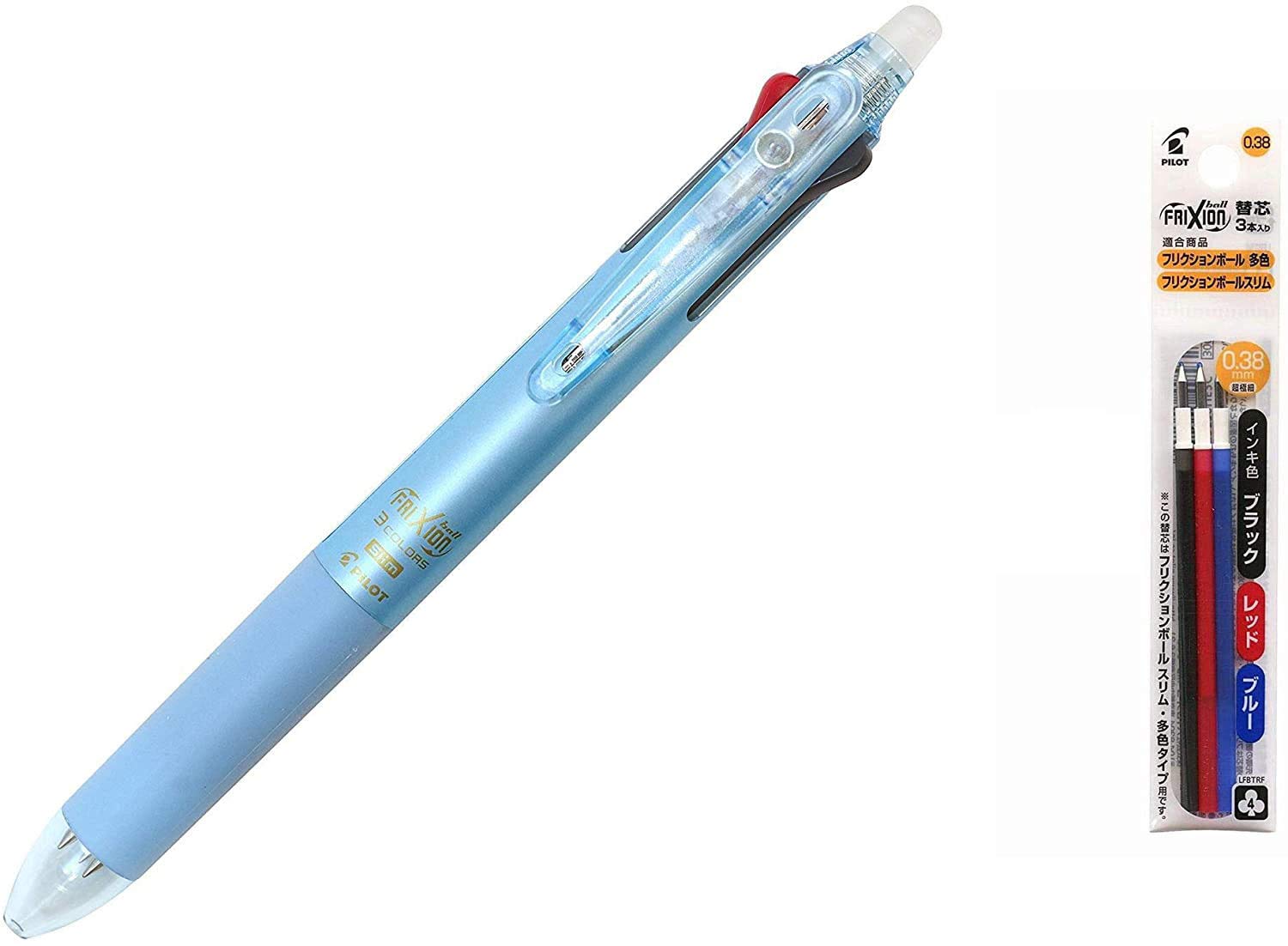 Pilot Erasable Ballpoint Pen Pearl Blue 0.38mm (LKFBS60UF-PL)+0.38mm Refill Black Blue Red 1 Set