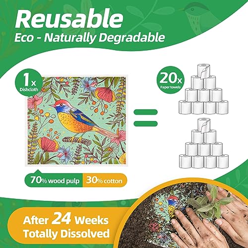 DecorWoo 6 Pack Swedish Dishcloths for Kitchen, Absorbent & Quick Drying Sponge Cleaning Cloths Set, Reusable Decorative Tea Towel, Biodegradable No Fading No Odor Bar Hand Towel (2 Clips