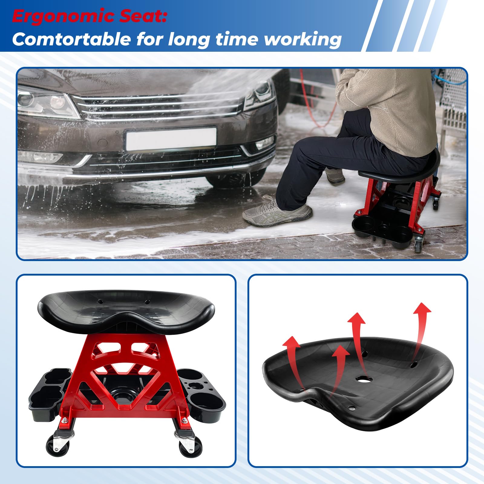 HOXWELL Durable Mechanic Stool Chair with Wheels, Heavy Duty Garage Shop Stool On Wheels, Rolling Stool Car Detailing Creeper Seat with Tool Tray for Workshop, Auto Repair Shop and Home