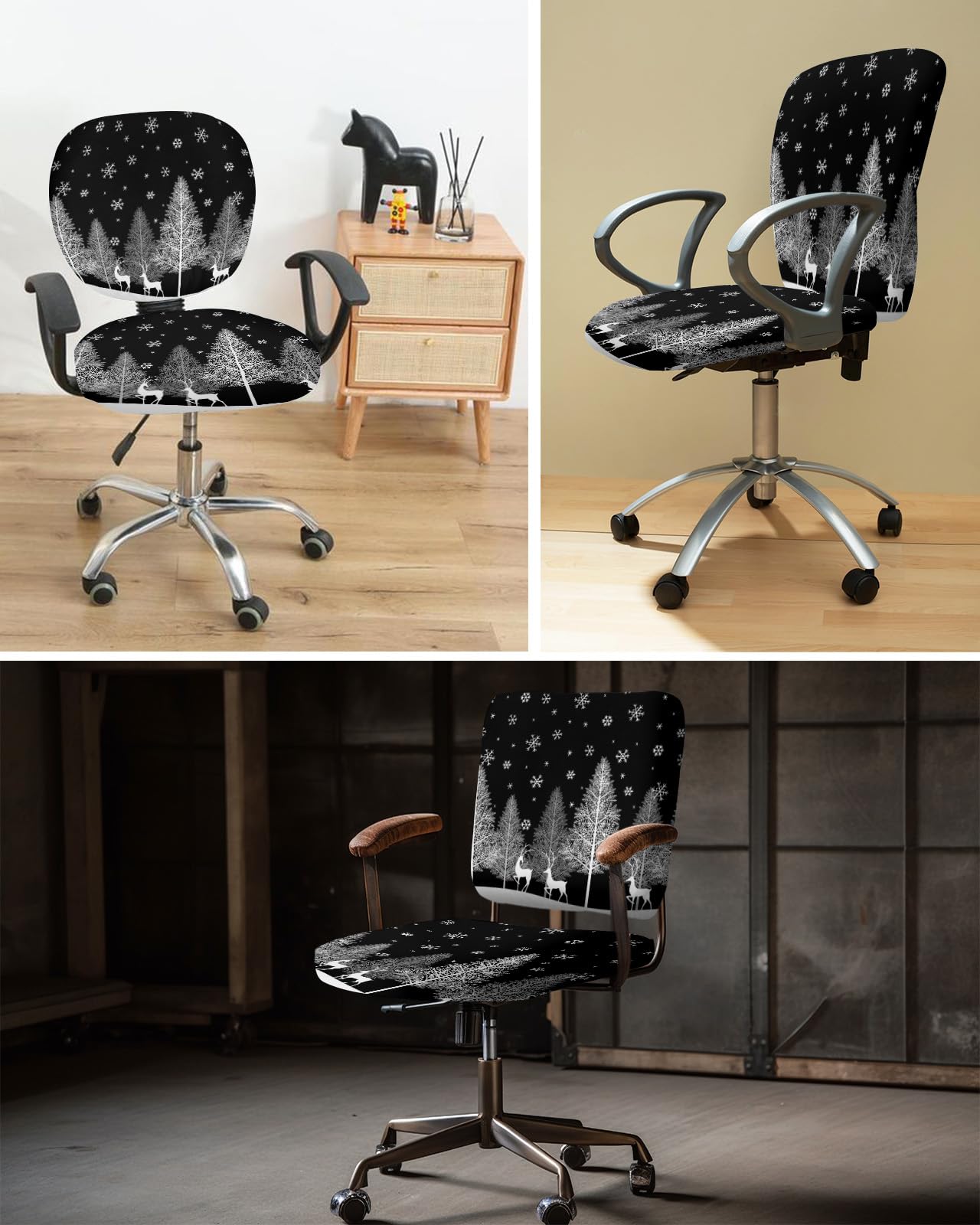 Snowflake Elk Office Chair Cover Stretchable Computer Chair Seat Cover Backrest Slipcovers, Stretchable Rotating Desk Chair Seat Cushion Split Protectors Geometric Christmas Tree Branch Black