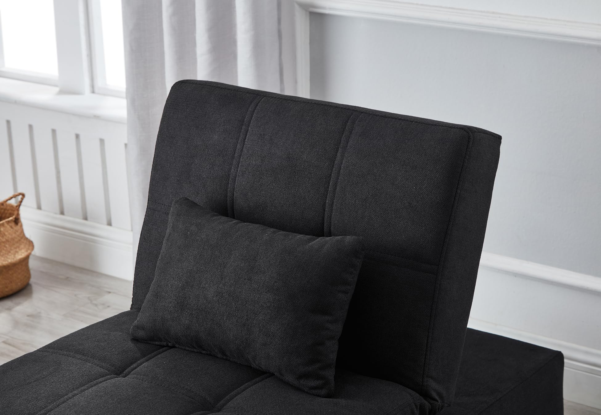 Pull Out Sleeper Chair Ottoman Bed Comfy Convertible Chair Bed Linen Fabric Futon with Storage Pocket Single Sofa Bed Small Recliners for Small Spaces Living Room Bedroom Apartment, Black
