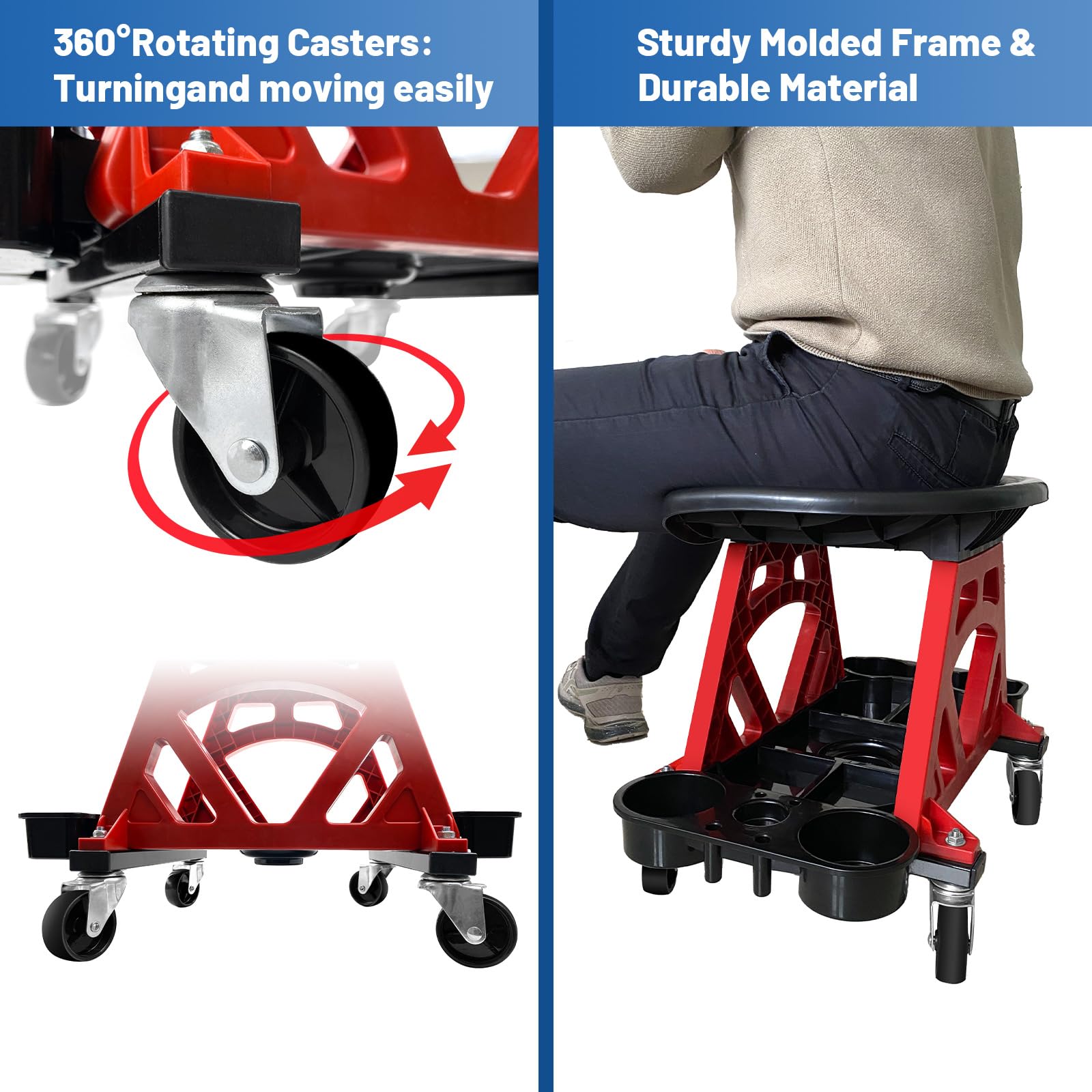 HOXWELL Durable Mechanic Stool Chair with Wheels, Heavy Duty Garage Shop Stool On Wheels, Rolling Stool Car Detailing Creeper Seat with Tool Tray for Workshop, Auto Repair Shop and Home