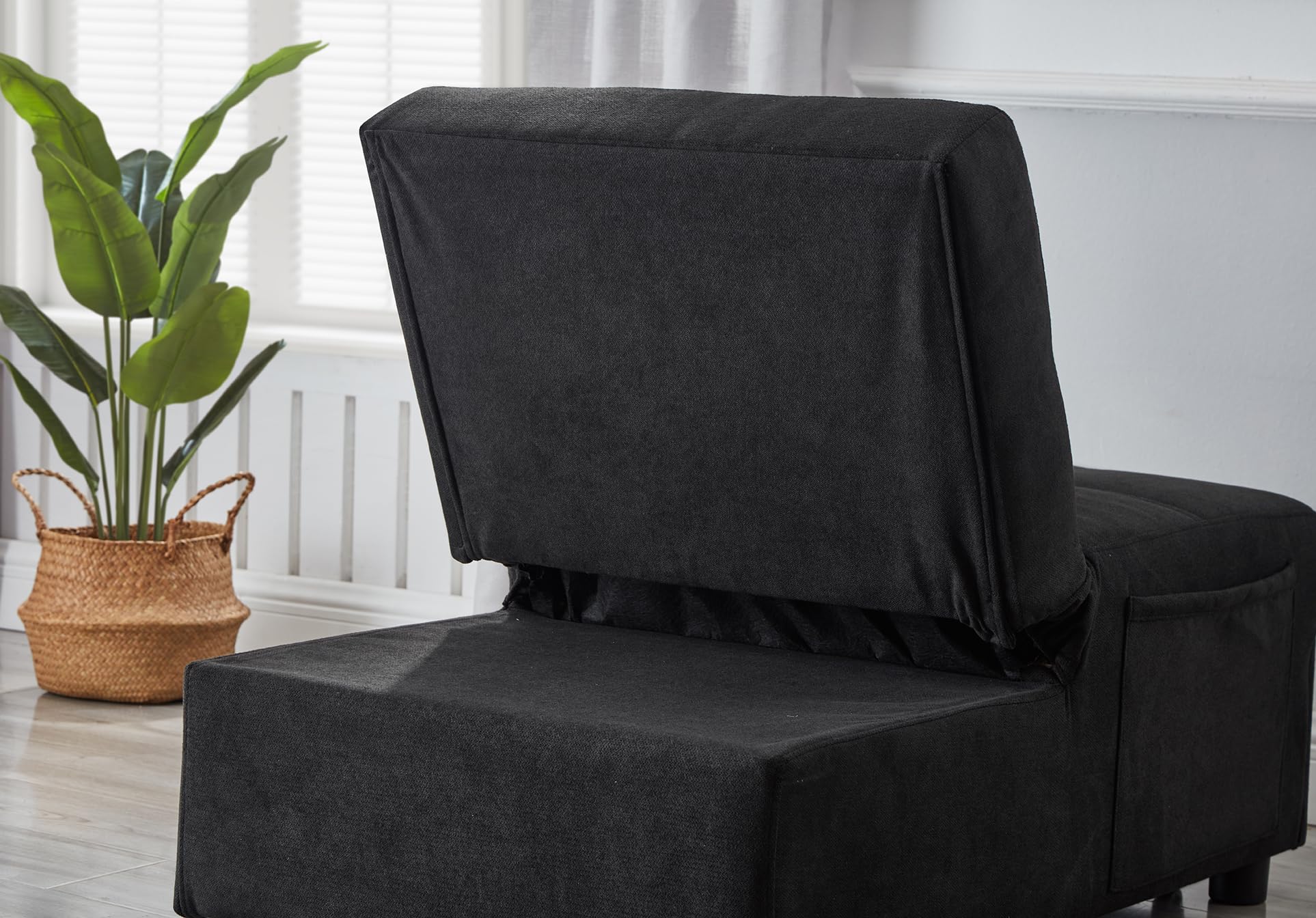 Pull Out Sleeper Chair Ottoman Bed Comfy Convertible Chair Bed Linen Fabric Futon with Storage Pocket Single Sofa Bed Small Recliners for Small Spaces Living Room Bedroom Apartment, Black