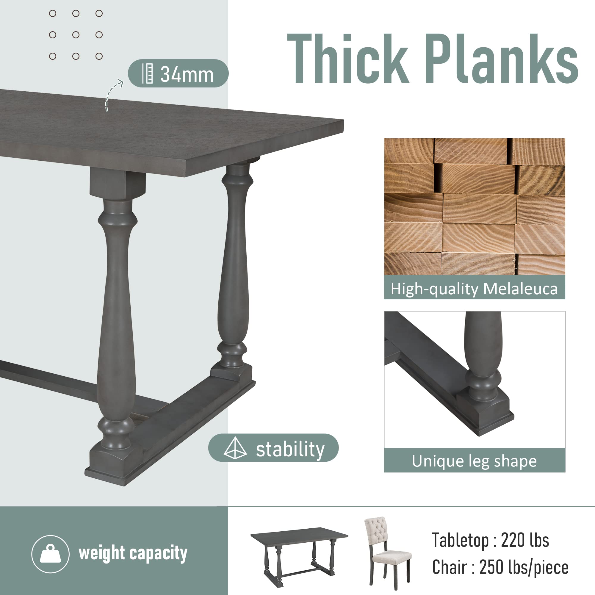Merax Dining Table Set for 6, Wooden Rectangular Dining Table with Strong Legs and 4 Foam-Covered Seat Backs&Cushions Chairs & A Bench for Kitchen, Dining Room Furniture (Mediterranean Grey)