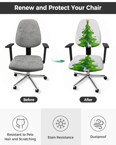 Christmas Tree Office Chair Cover Stretchable Computer Chair Seat Cover Backrest Slipcovers, Stretchable Rotating Desk Chair Seat Cushion Split Protectors Modern Geometric Green Elk Star Bird