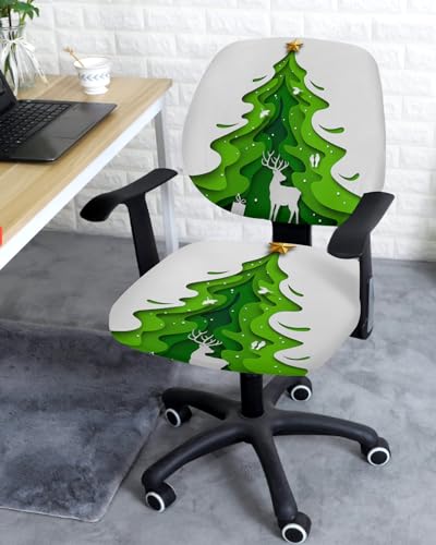 Christmas Tree Office Chair Cover Stretchable Computer Chair Seat Cover Backrest Slipcovers, Stretchable Rotating Desk Chair Seat Cushion Split Protectors Modern Geometric Green Elk Star Bird