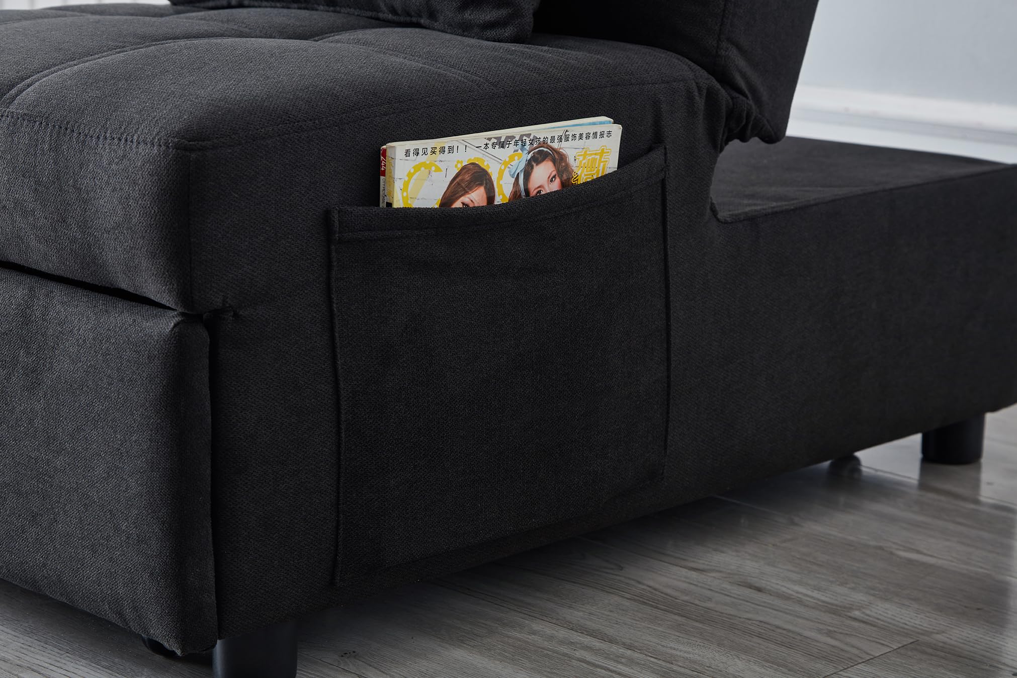 Pull Out Sleeper Chair Ottoman Bed Comfy Convertible Chair Bed Linen Fabric Futon with Storage Pocket Single Sofa Bed Small Recliners for Small Spaces Living Room Bedroom Apartment, Black
