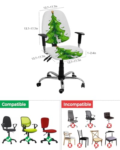 Christmas Tree Office Chair Cover Stretchable Computer Chair Seat Cover Backrest Slipcovers, Stretchable Rotating Desk Chair Seat Cushion Split Protectors Modern Geometric Green Elk Star Bird