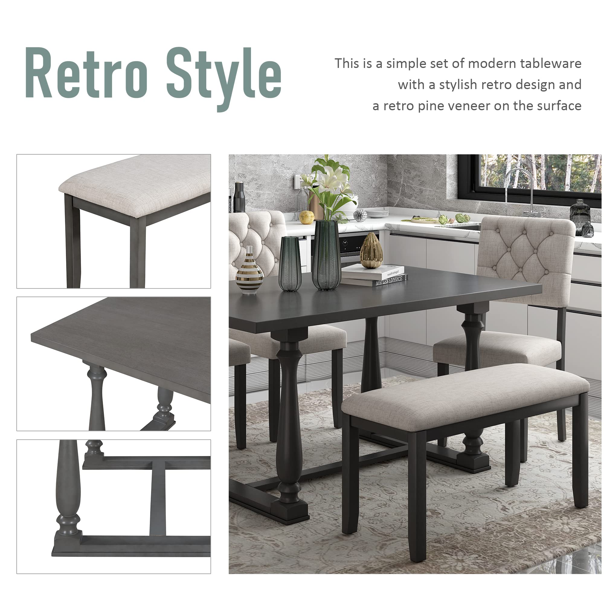 Merax Dining Table Set for 6, Wooden Rectangular Dining Table with Strong Legs and 4 Foam-Covered Seat Backs&Cushions Chairs & A Bench for Kitchen, Dining Room Furniture (Mediterranean Grey)