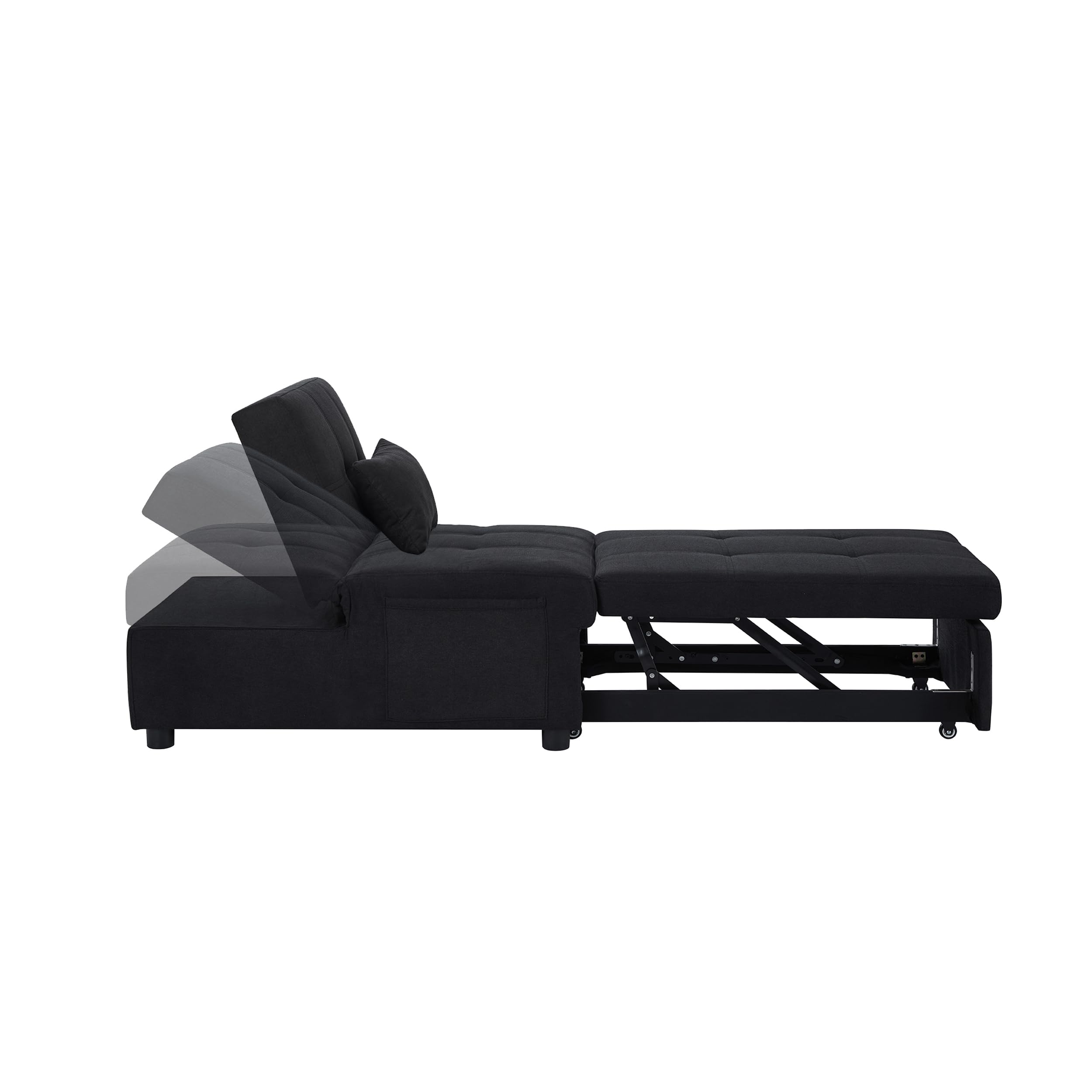 Pull Out Sleeper Chair Ottoman Bed Comfy Convertible Chair Bed Linen Fabric Futon with Storage Pocket Single Sofa Bed Small Recliners for Small Spaces Living Room Bedroom Apartment, Black