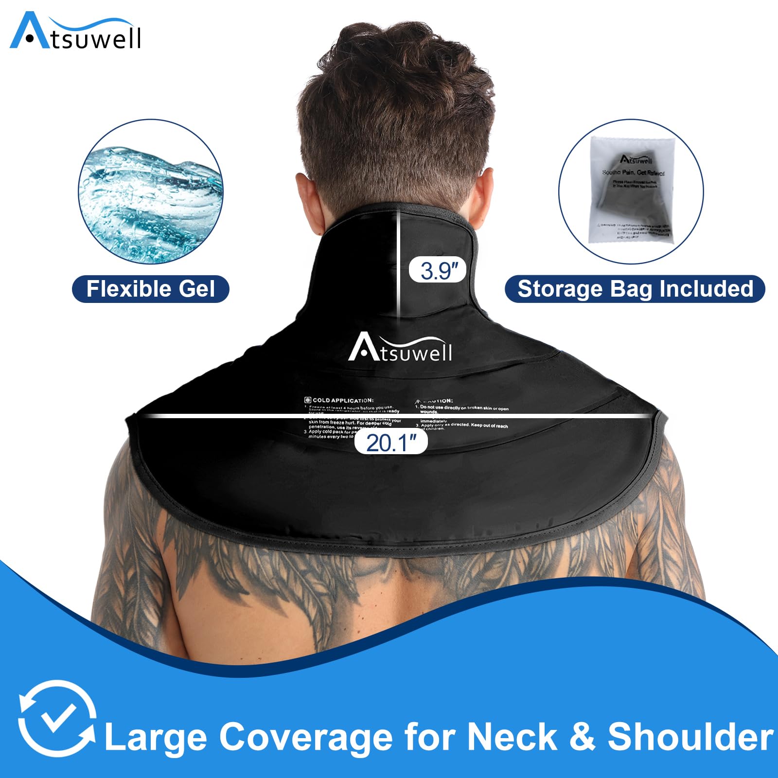 Atsuwell Neck Ice Pack Wrap, Reusable Gel Ice Pack Neck Shoulders, Cold Wrap for Upper Back Cold Compression, Flexible Necks Shoulder Gel Pad for Men Women, Black