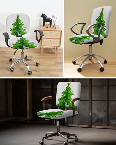 Christmas Tree Office Chair Cover Stretchable Computer Chair Seat Cover Backrest Slipcovers, Stretchable Rotating Desk Chair Seat Cushion Split Protectors Modern Geometric Green Elk Star Bird