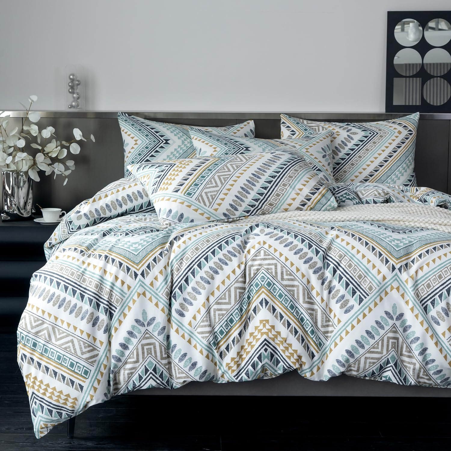 Boho Duvet Cover King, 3 Pieces Boho King Bedding Set, Ethnic Yellow White Green Louvre Bohemian Pattern Duvet Covers, 100% Cotton, Luxury Soft Breathable Comfy with Zipper Closure