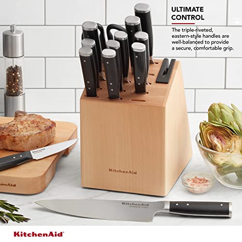 KitchenAid Gourmet 14 Piece Forged Triple Rivet Knife Block Set with Built in Knife Sharpener, High Carbon Japanese Stainless Steel Kitchen Knives, Sharp Kitchen Knife Set with Block, Birchwood