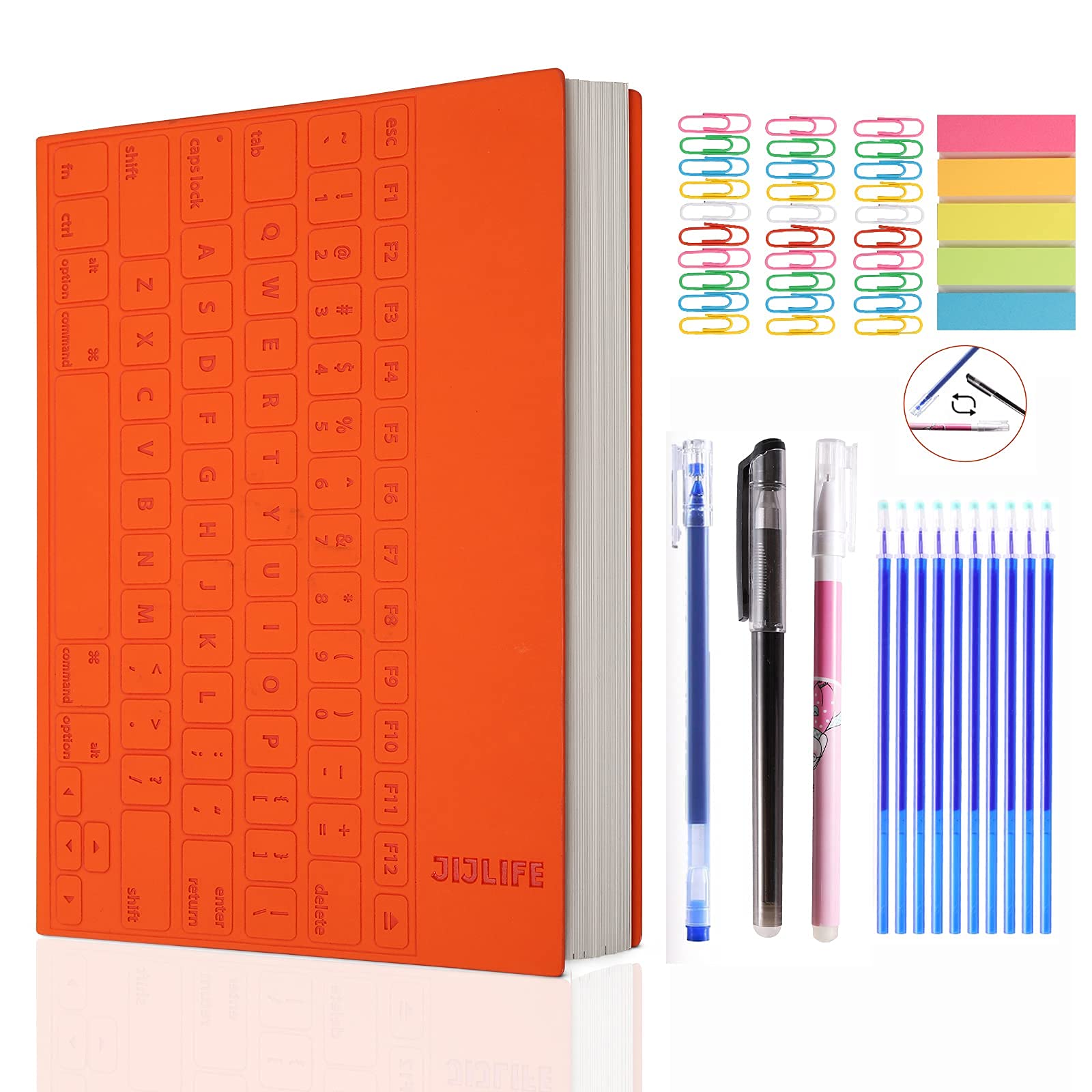 JIJLIFE Smart Reusable,and Durable keyboard pattern A5 Size (8.27"×5.9") Premium Orange Leather Notebook With An Erasable blue/black refill Pen And a Free Notebook of Ordinary And a Set of Brightly Colored Memo And Paper Clips