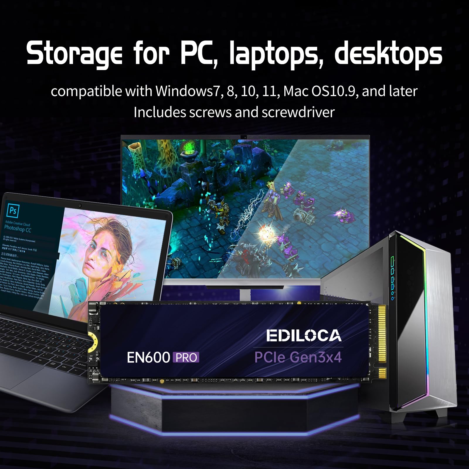 Ediloca EN600 PRO SSD 1TB PCIe 3.0 Gen 3x4, NVMe M.2 2280, Up to 3500MB/s, Internal Solid State Drive, SLC Cache 3D NAND TLC, Graphene Cooling Sticker, Storage for PC, Desktop and Laptops