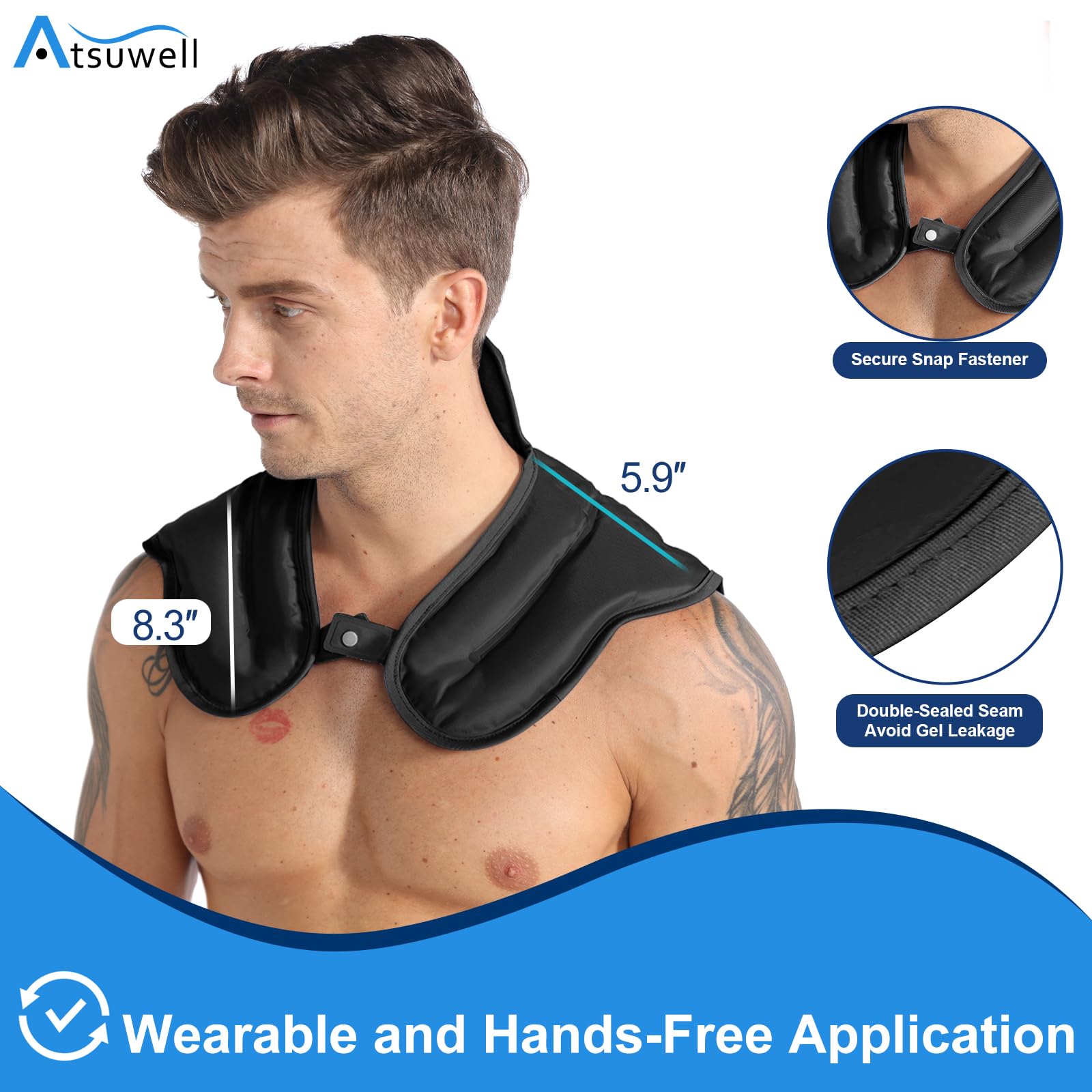Atsuwell Neck Ice Pack Wrap, Reusable Gel Ice Pack Neck Shoulders, Cold Wrap for Upper Back Cold Compression, Flexible Necks Shoulder Gel Pad for Men Women, Black