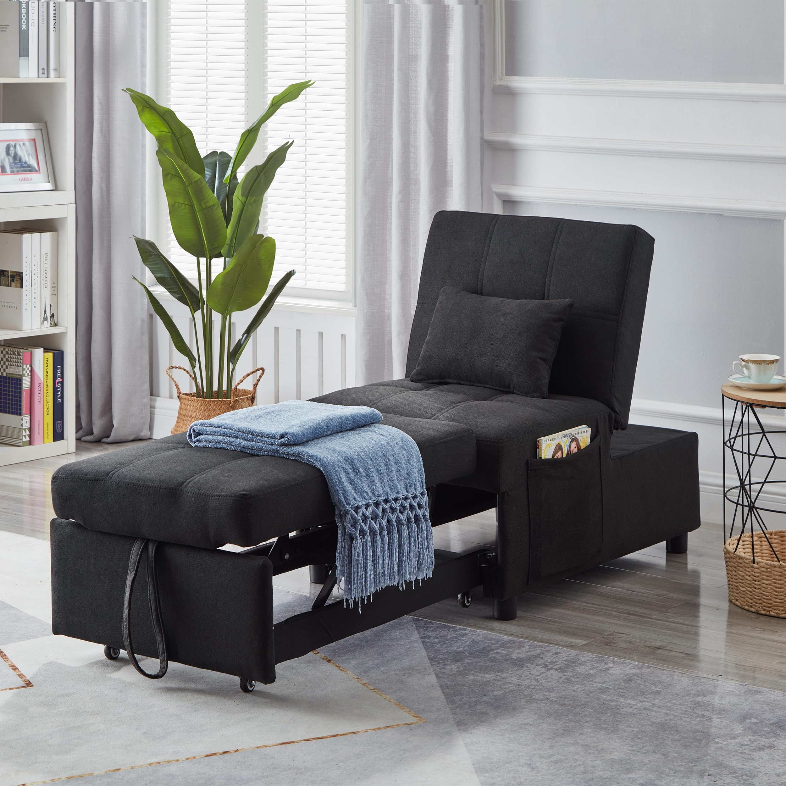 Pull Out Sleeper Chair Ottoman Bed Comfy Convertible Chair Bed Linen Fabric Futon with Storage Pocket Single Sofa Bed Small Recliners for Small Spaces Living Room Bedroom Apartment, Black